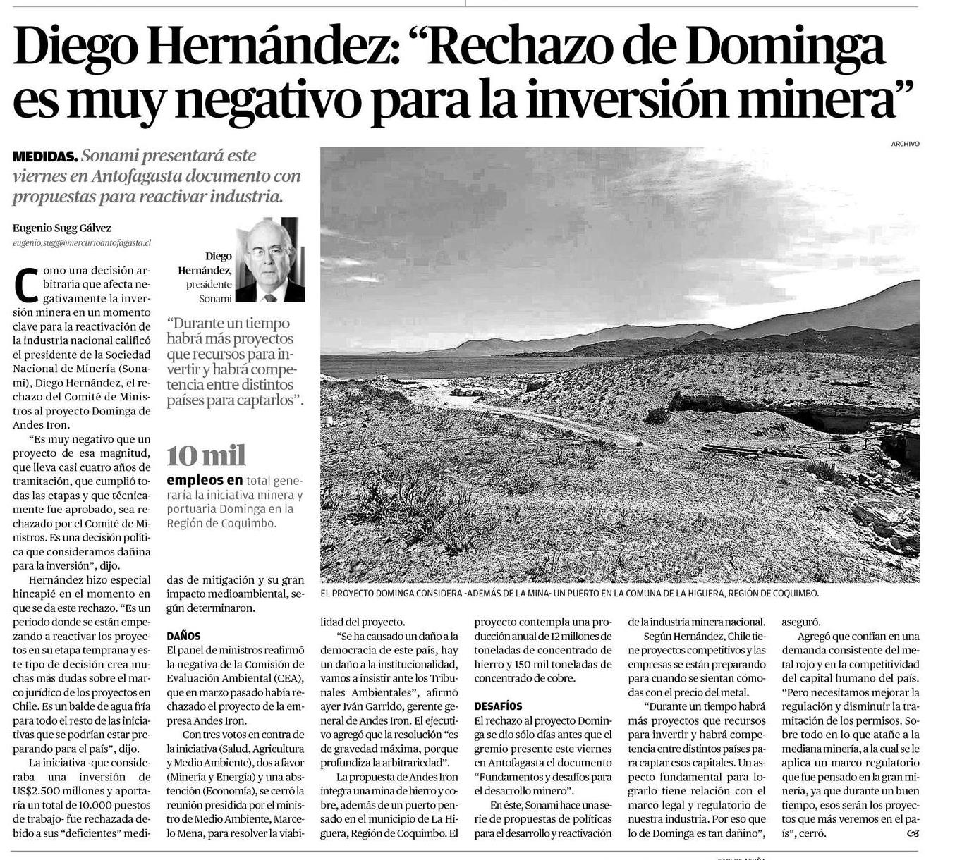 "Rechazo de Dominga es muy negativo para la inversión minera" - SONAMI ...