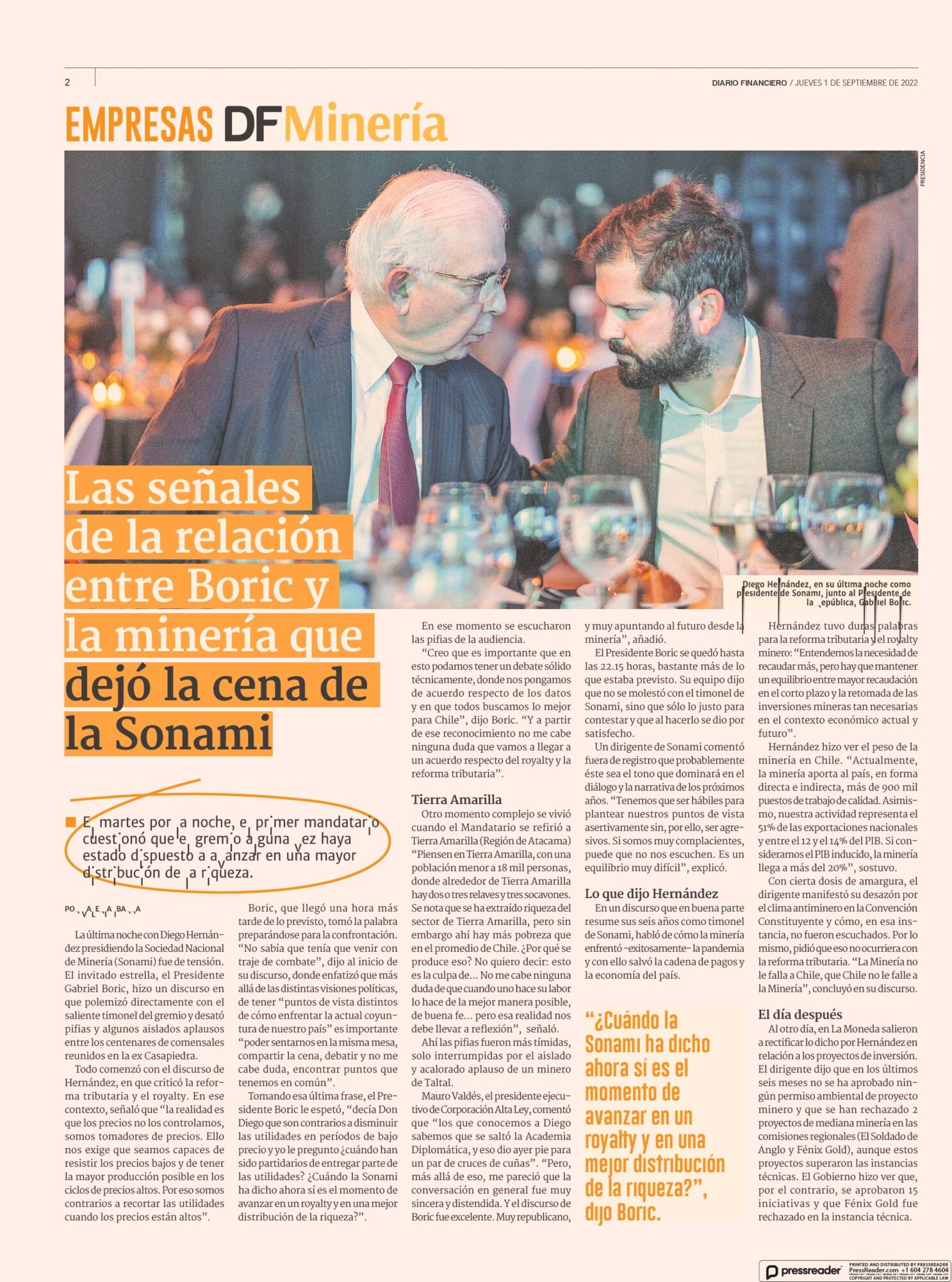 Las señales de la relación entre Boric y la minería que dejó la cena de ...